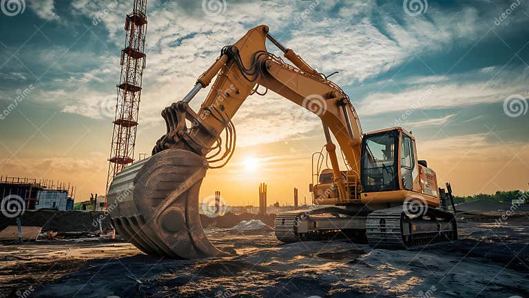 Sunset Over Construction: Excavator at Work. Concept Industrial, Construction, Sunset, Excavator ...