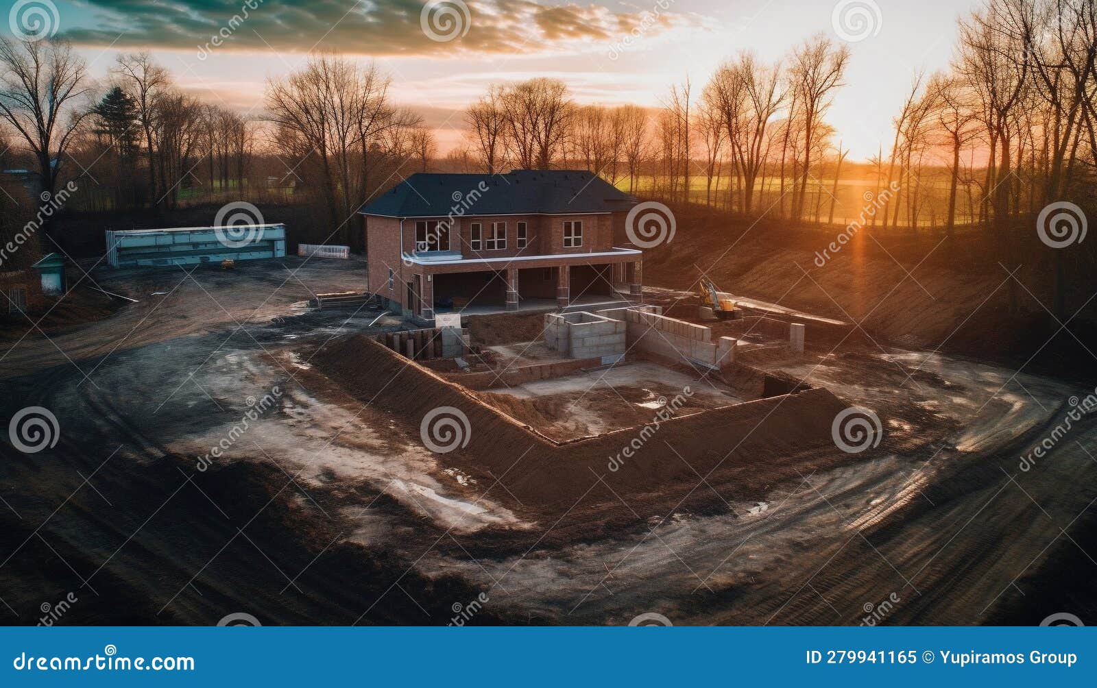 Sunset Over Construction Site, Machinery Digging in Snowy Landscape ...