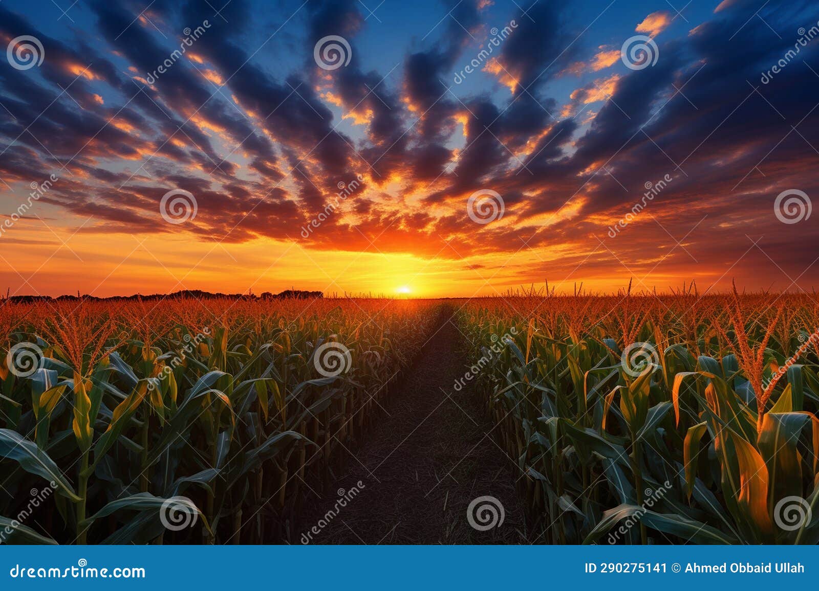 Sunset Over a Corn Field with Blue Sky and Clouds. Generative by Ai ...