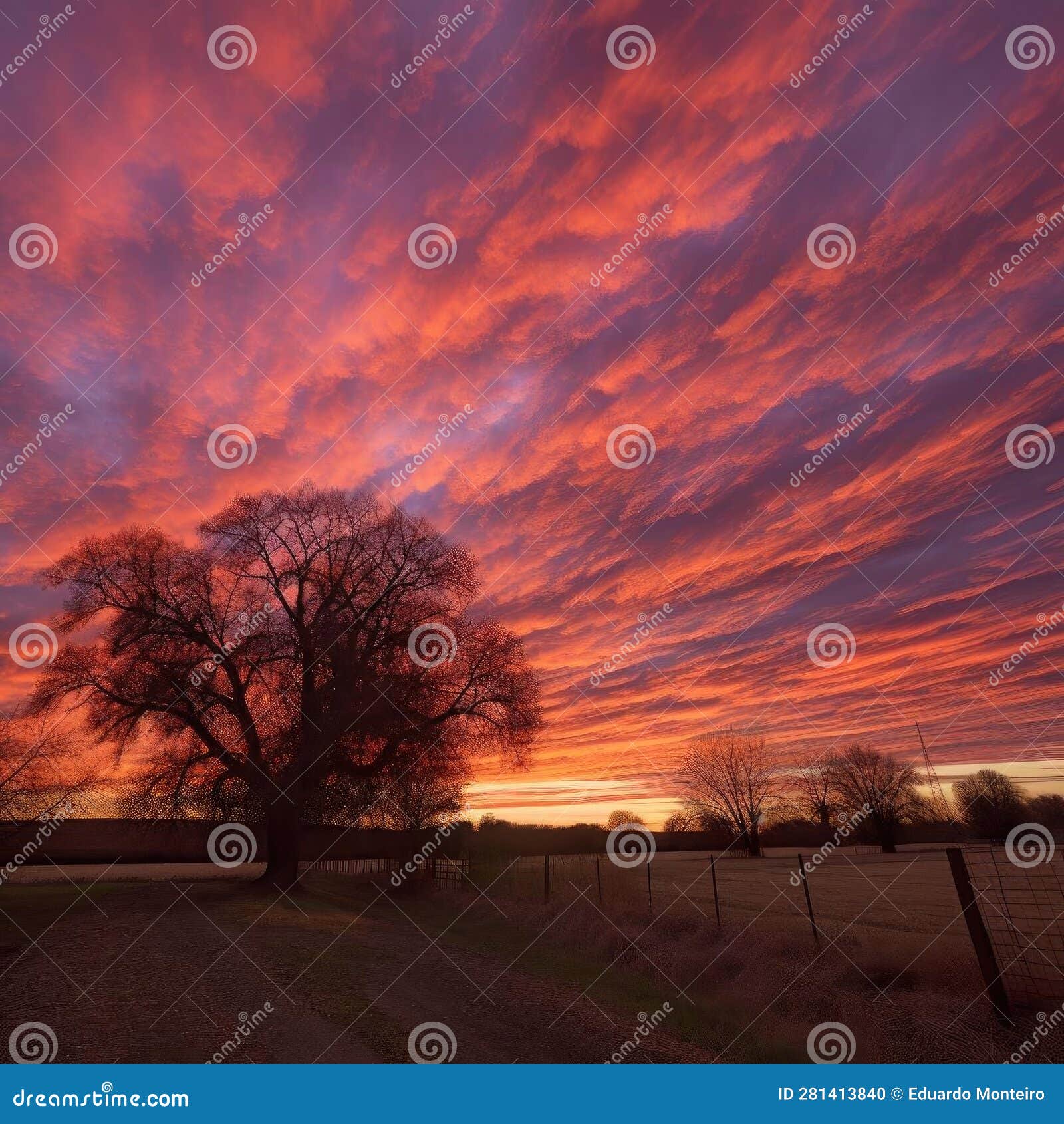 Sunset Over a Country Road with a Large Tree in the Foreground Stock ...