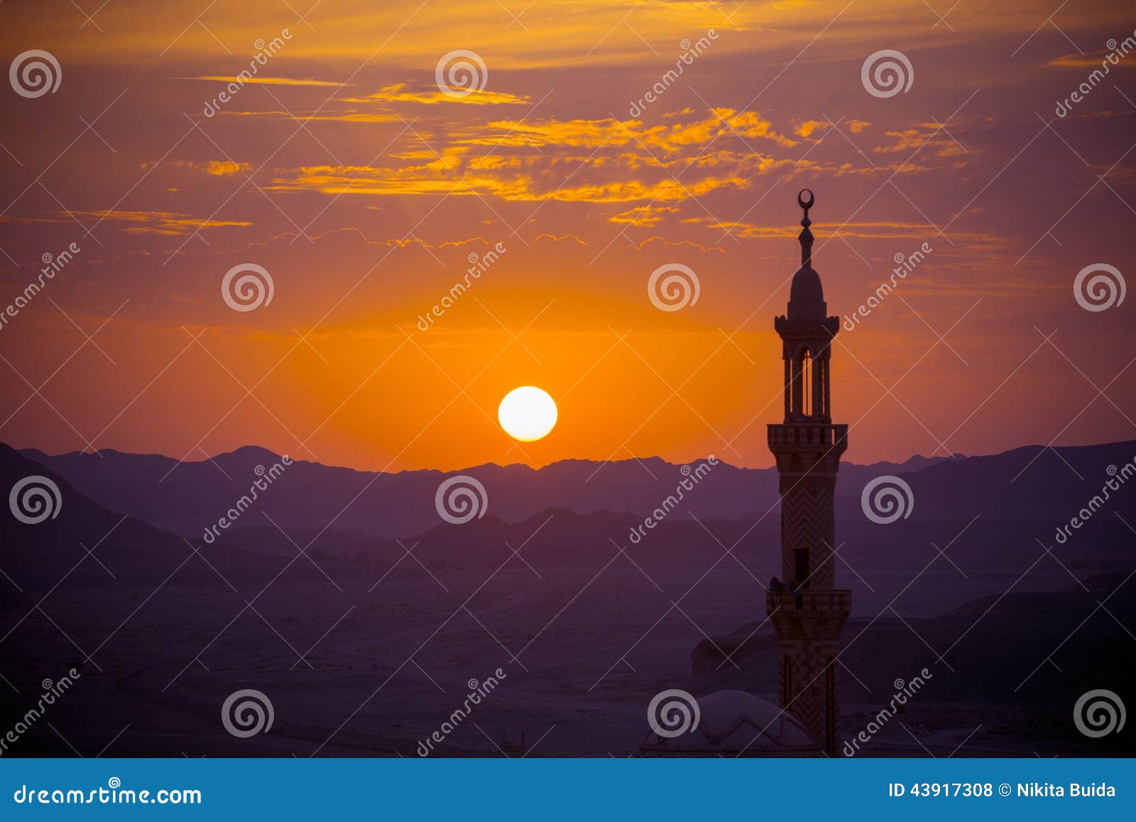 Sunset Over Desert with Muslim Mosque in the Stock Photo - Image of ...