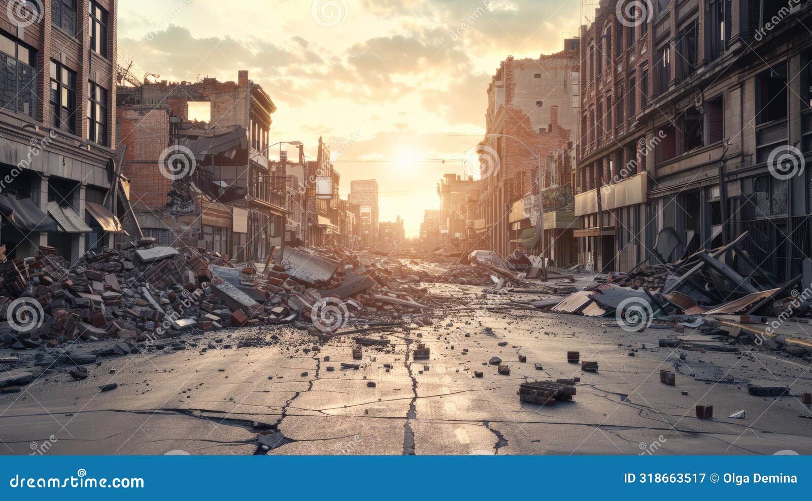 Sunset Over a Devastated City Street. Aftermath of a Seismic ...