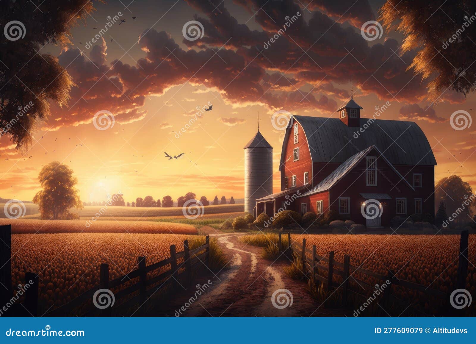 Sunset Over Farm, with Barn and Crops in the Foreground Stock ...