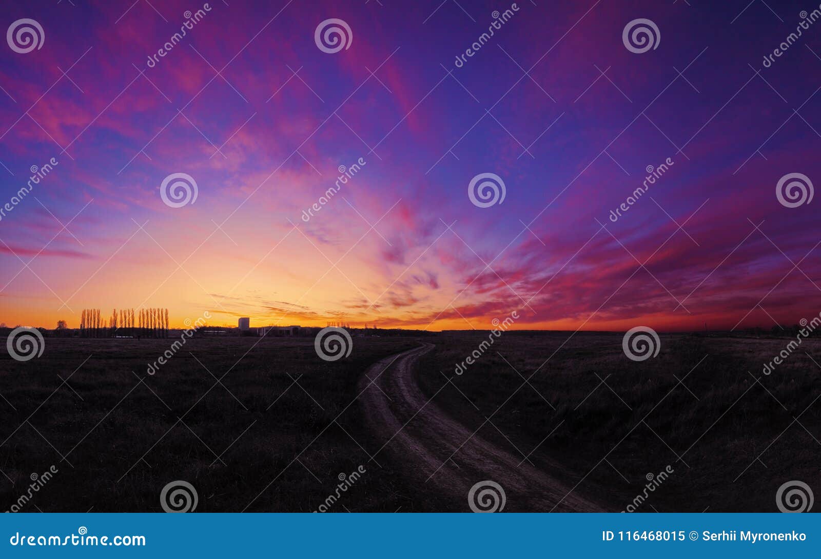 Sunset Over the Field Colorfull with Road To Future Stock Image - Image ...