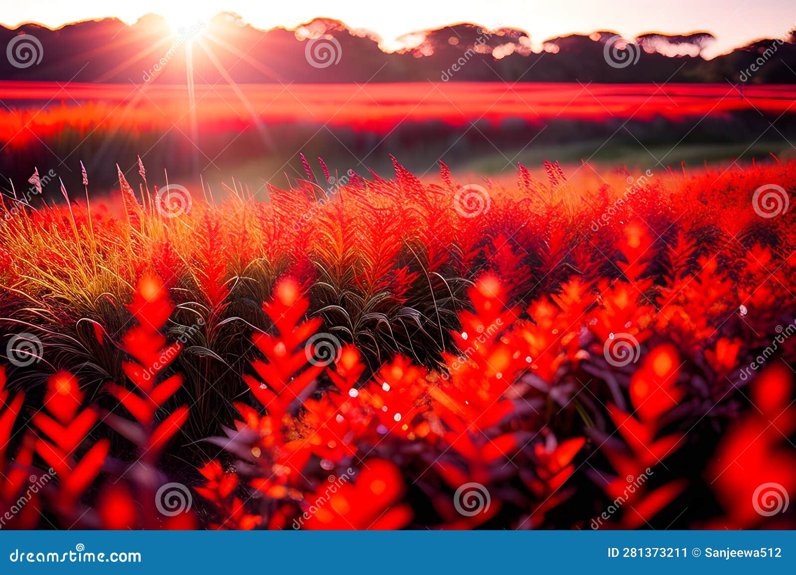 Sunset Over a Field of Red Grass in the Early Morning. Stock ...