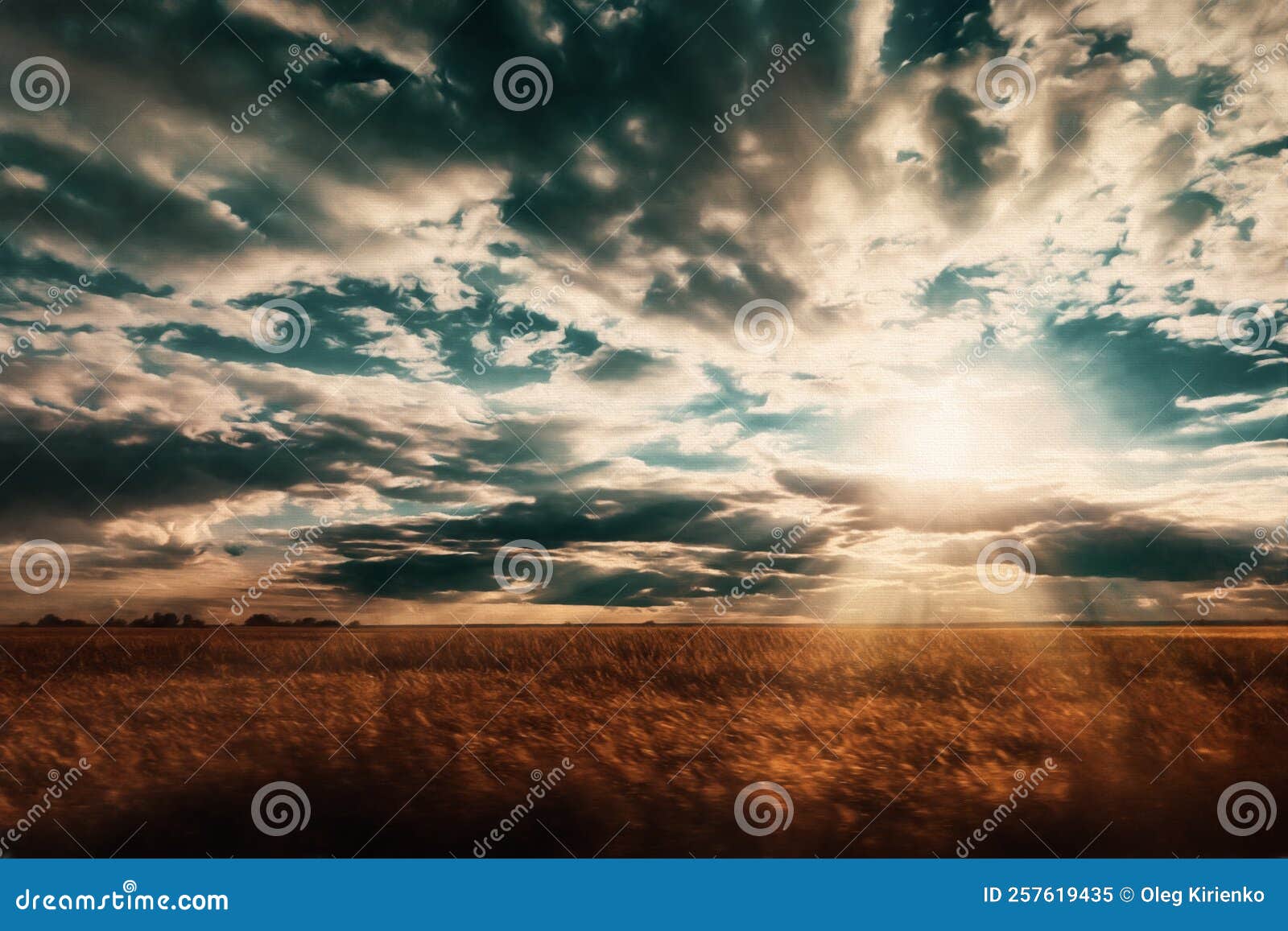 Sunset Over the Field with Sun Rays. Illustration Stock Image - Image ...