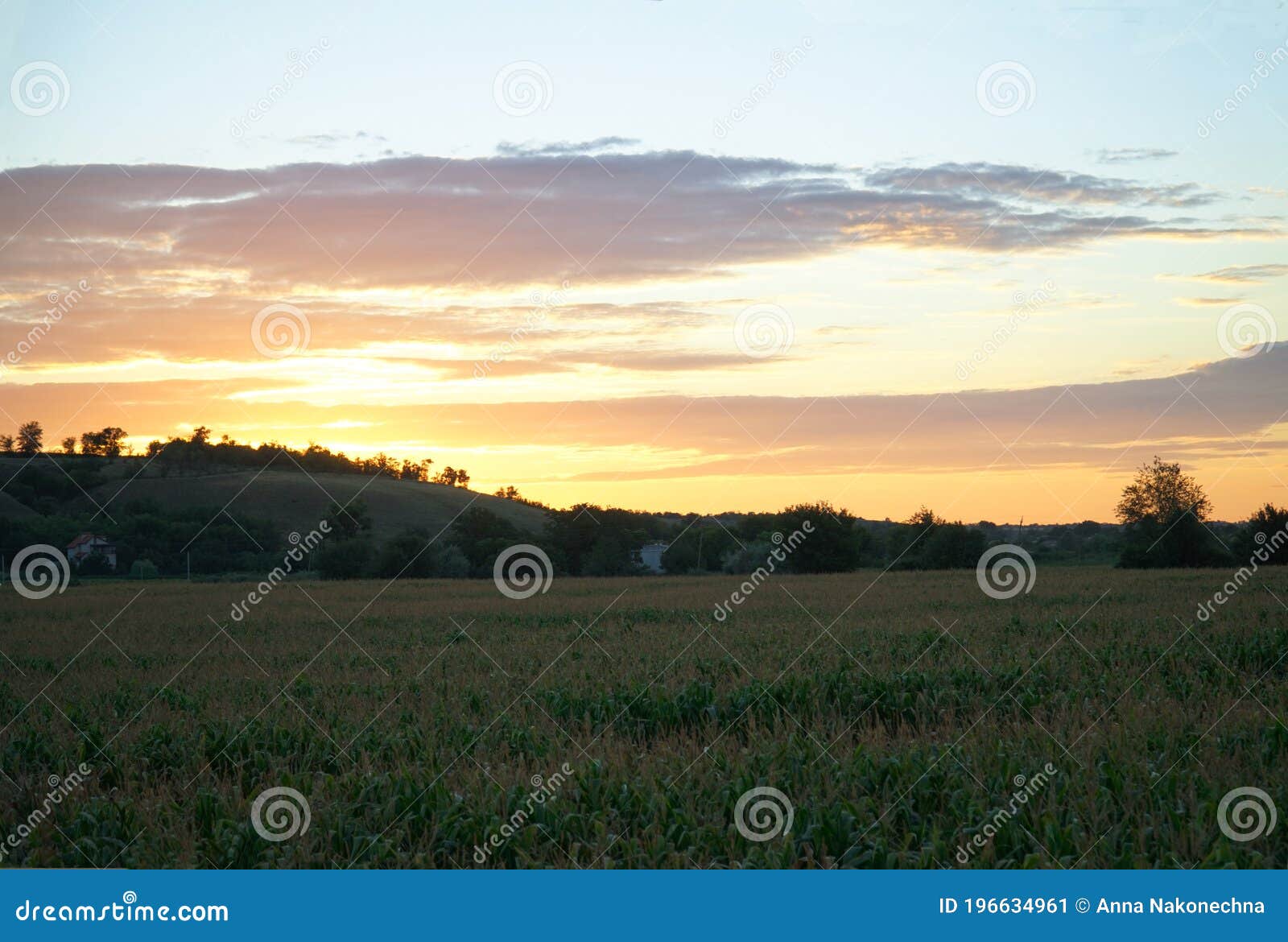 Sunset Over Fields in the Countryside Stock Image - Image of house ...