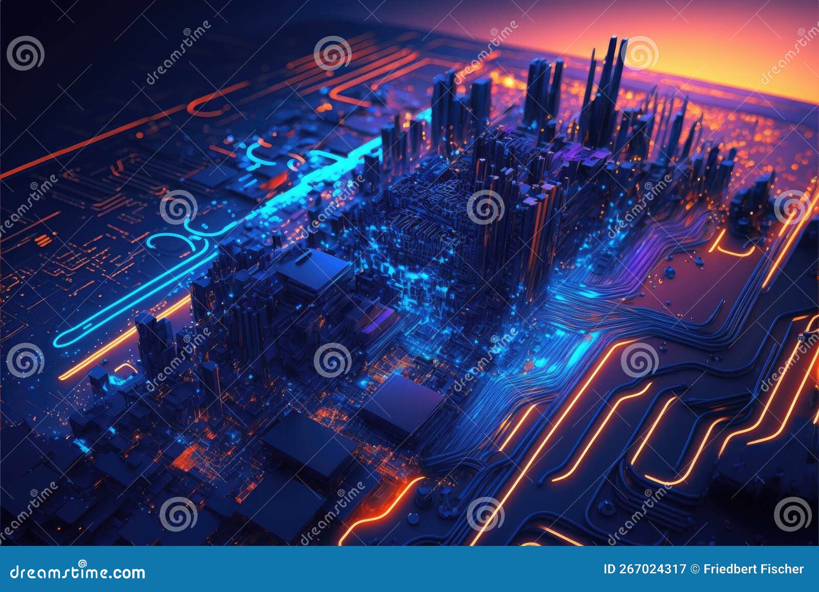 Sunset Over Flat Surface Made of Electronic Digital Elements ...
