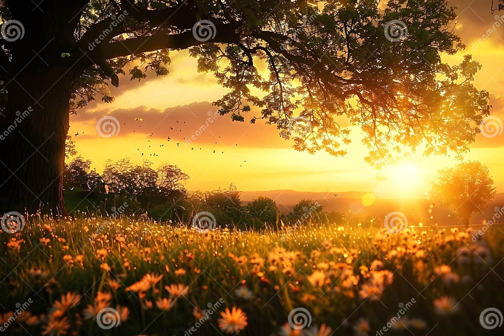 Sunset over a flower field stock image. Image of sunlight - 320560031