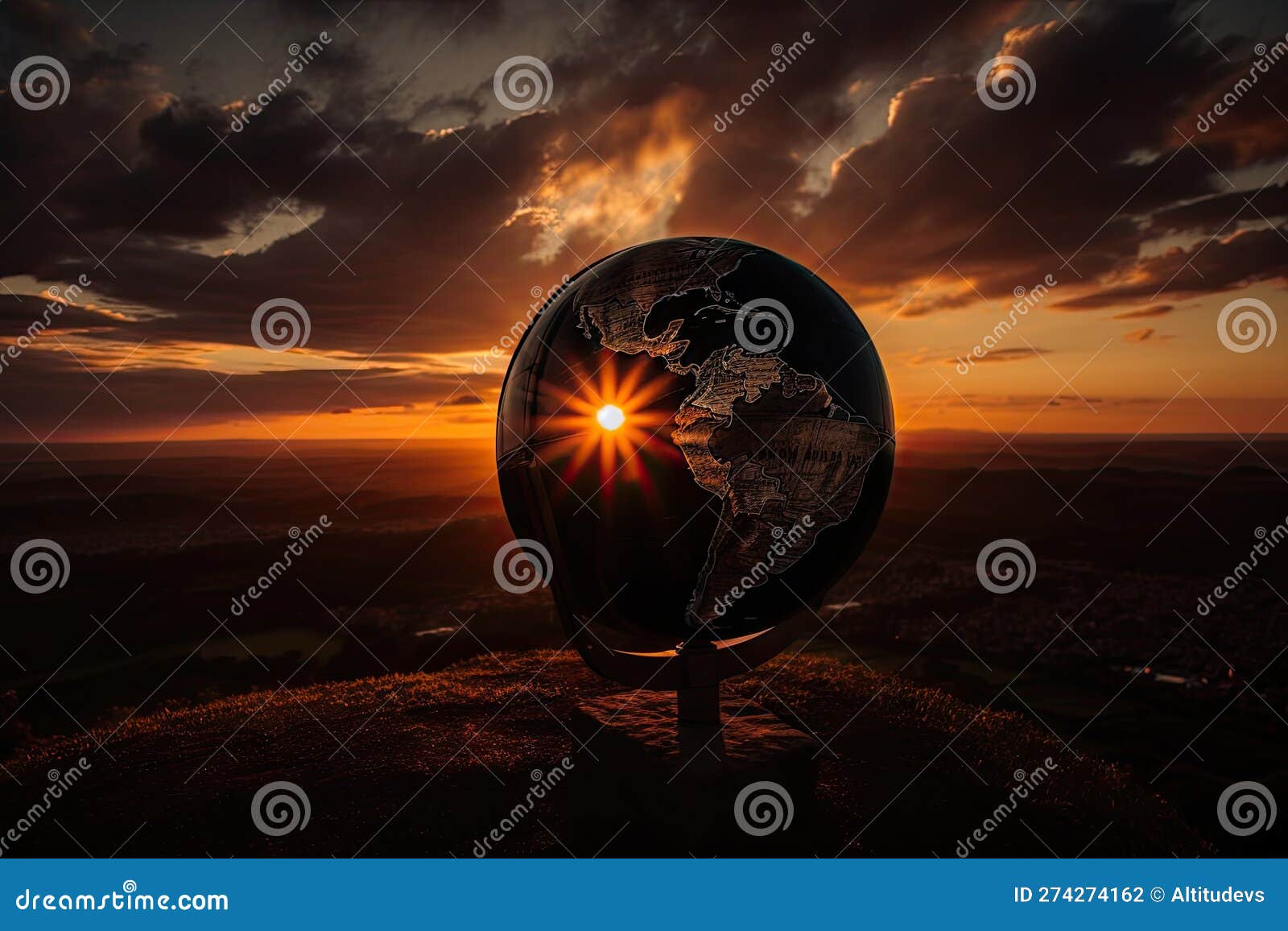 Sunset Over Globe, with the Sun Setting and Bringing Darkness To the ...