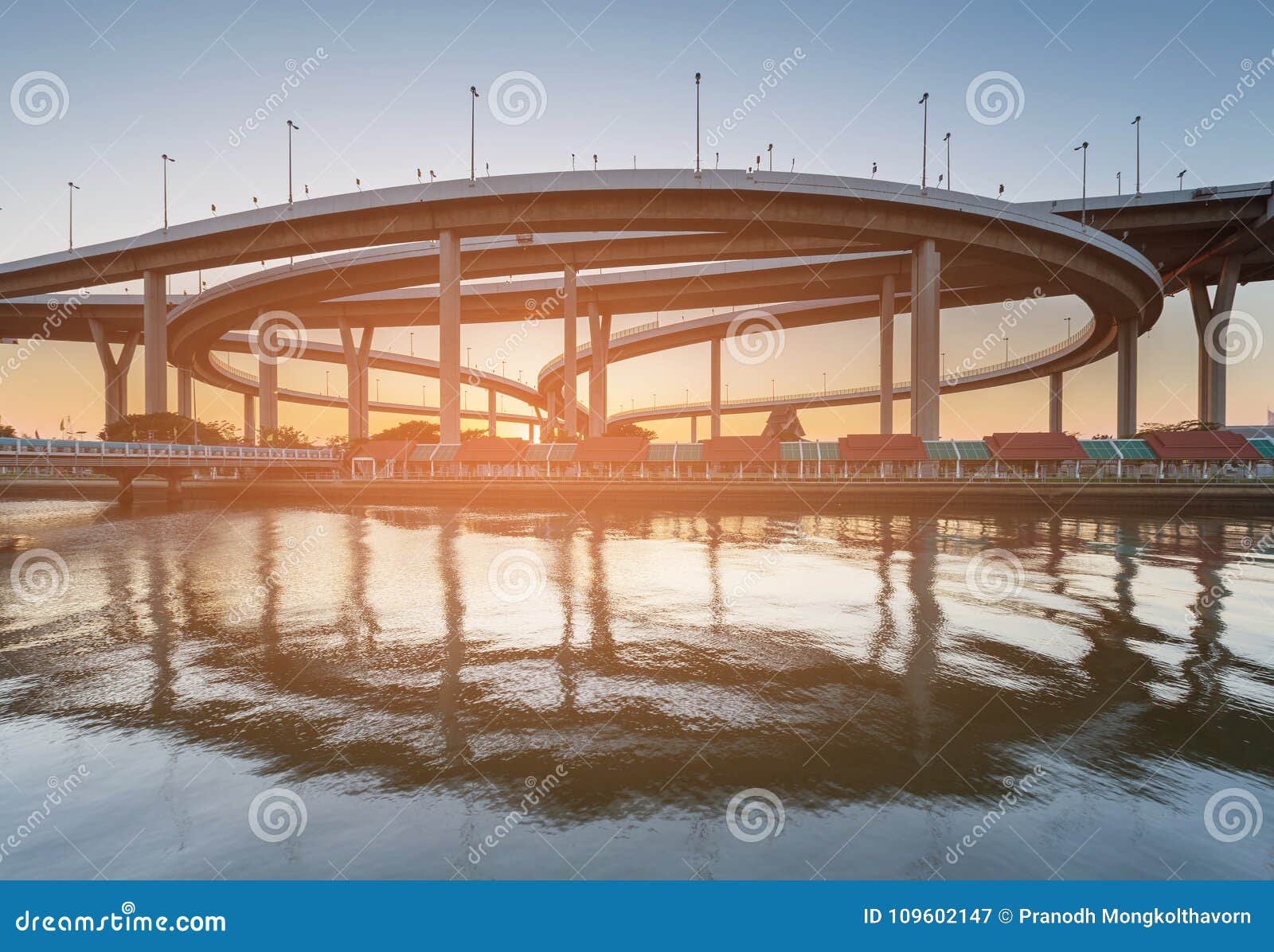 Sunset Over Highway Interchange Reflection Over River Stock Image ...
