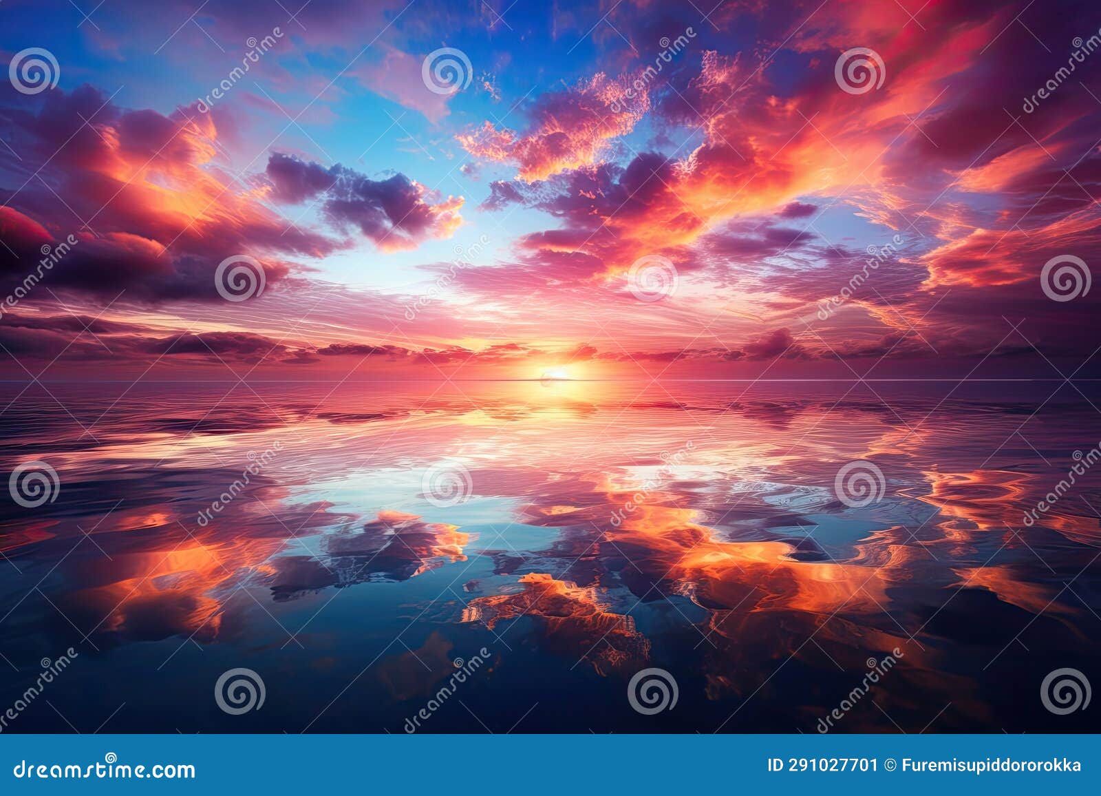 Sunset Over the Horizon with Beautiful Clouds and Reflection in the ...