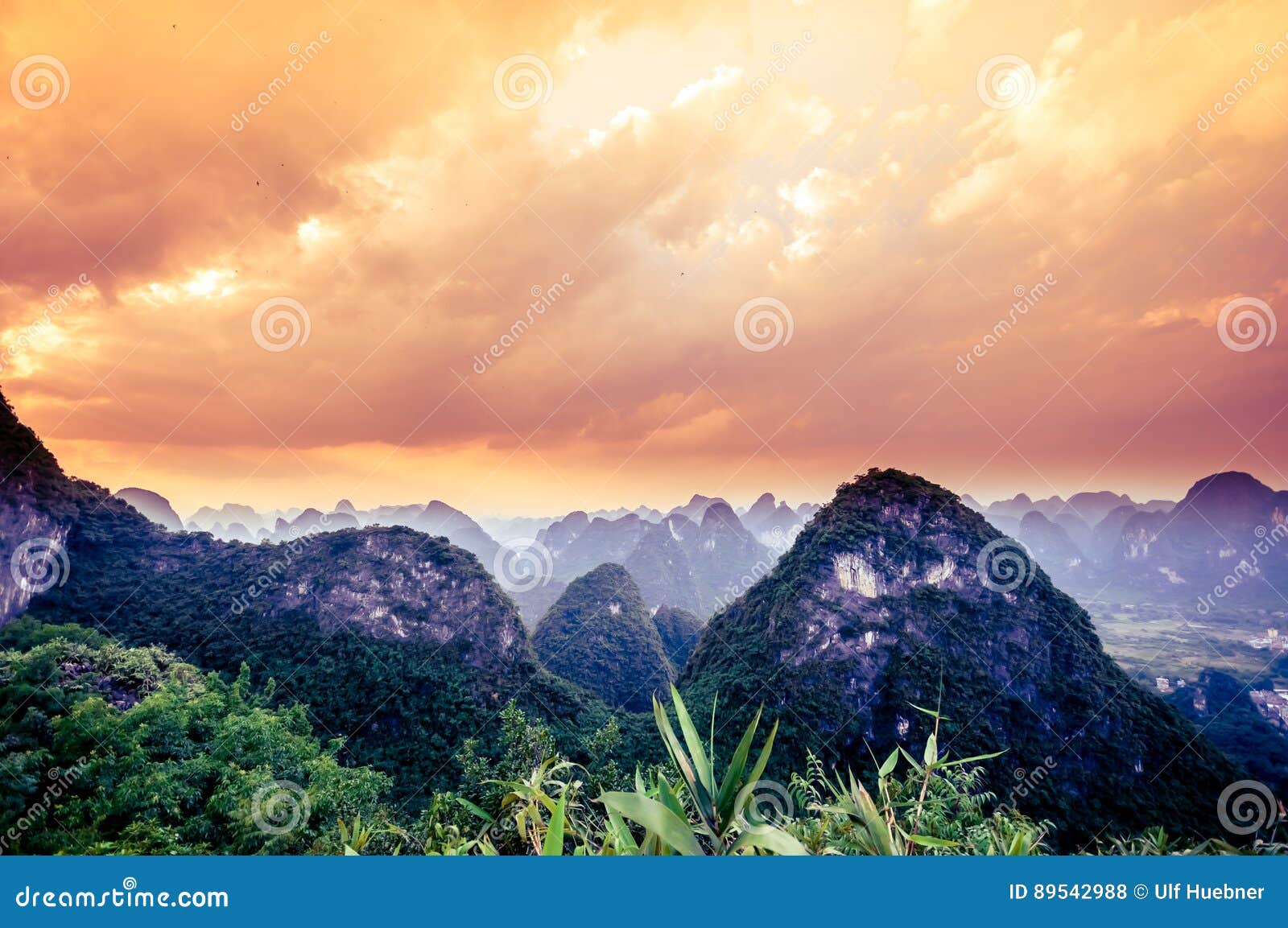 Sunset Over Karst Landscape by Yangshuo Stock Photo - Image of country ...