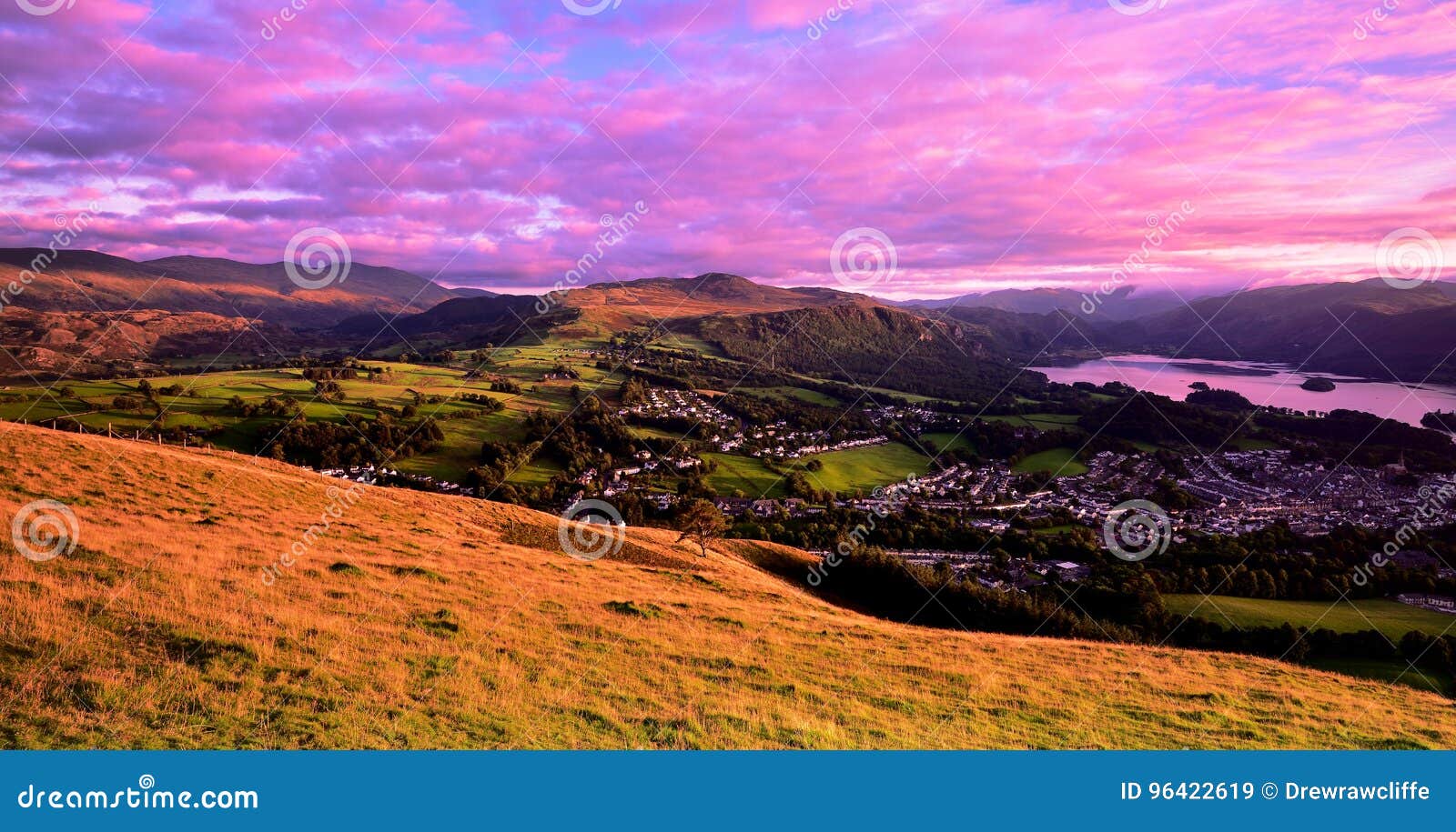 Sunset over Keswick stock image. Image of park, benches - 96422619