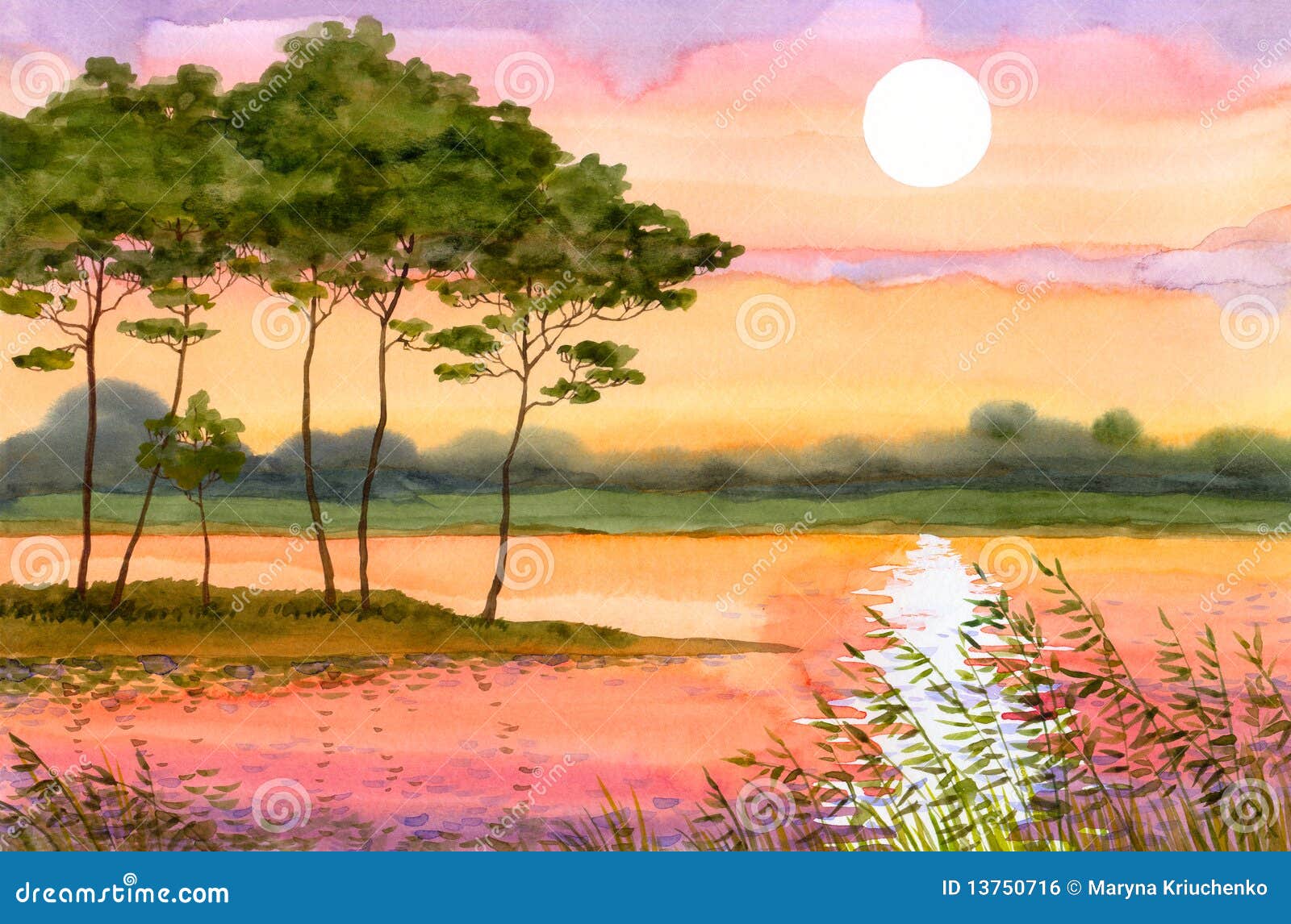 Sunset over lake stock illustration. Illustration of painting - 13750716