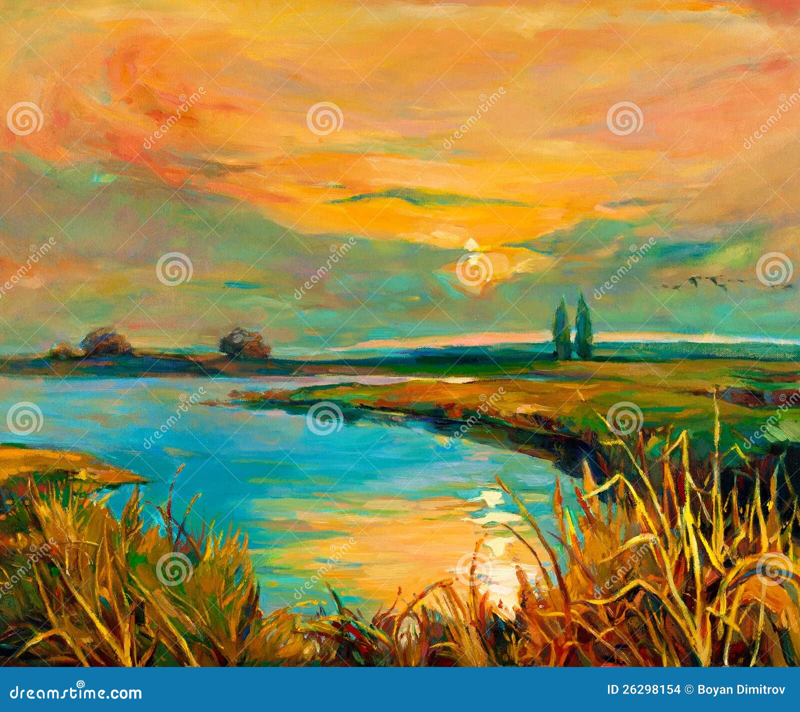 Sunset over lake stock illustration. Illustration of painting - 26298154