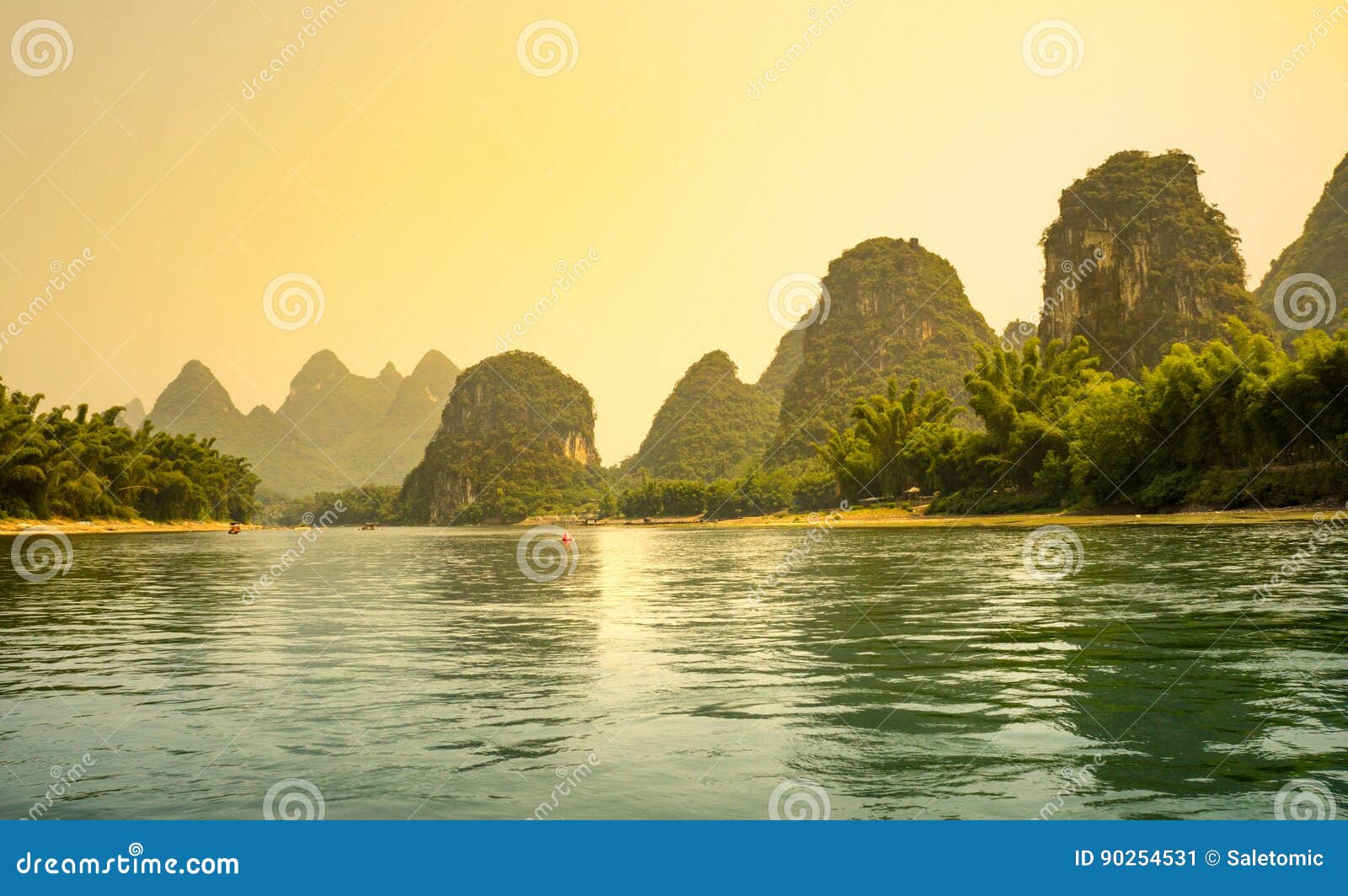 Sunset Over Li River in Yangshuo Stock Image - Image of famous ...