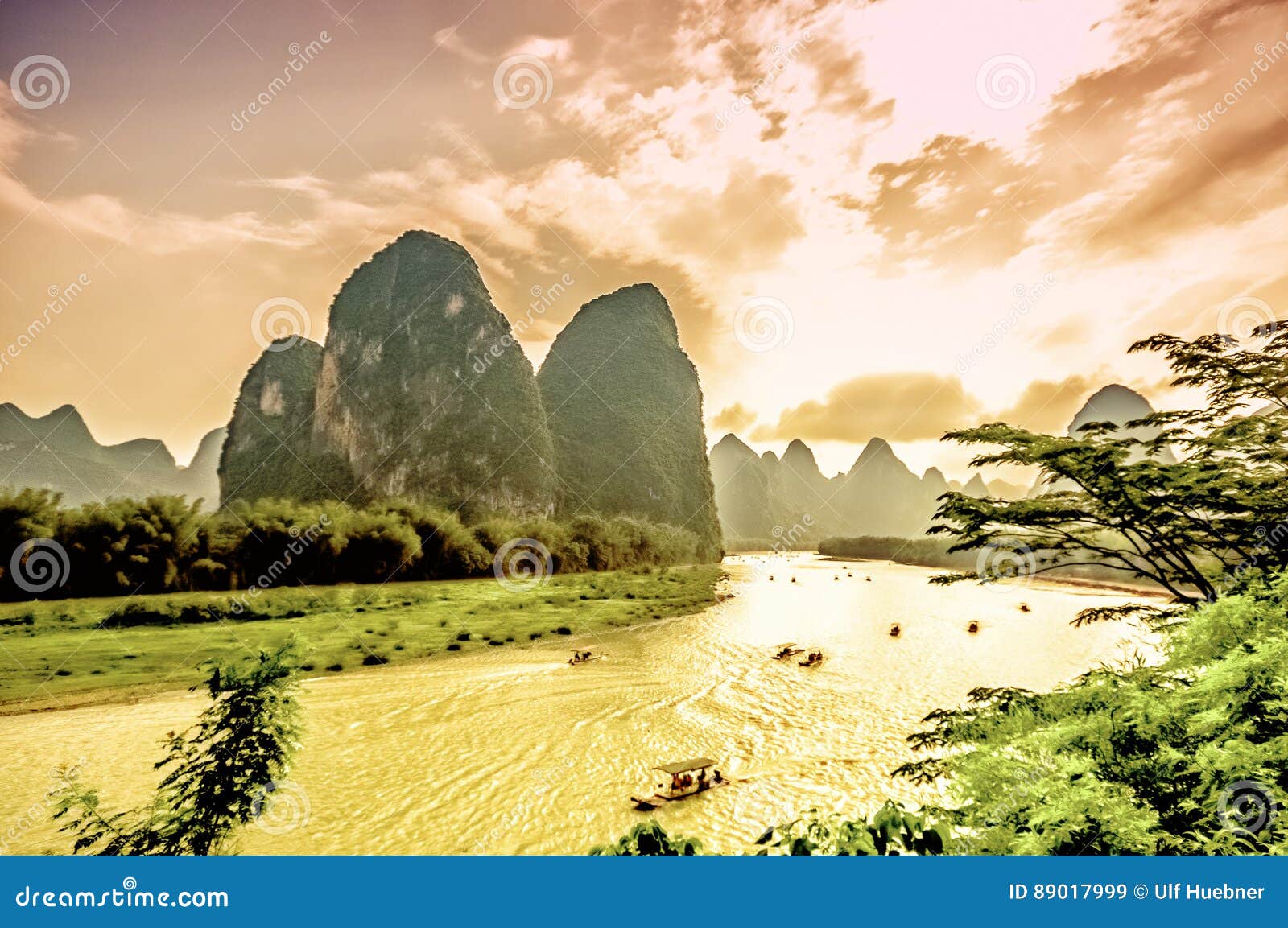 Sunset Over Li River by Yangshuo in China Stock Image - Image of ...