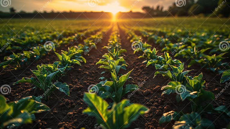 Sunset Over Lush Green Spinach Plants Growing in Rows on a Farm Field ... Sunset Over Lush Green Spinach Plants Growing in Rows on a Farm Field ...