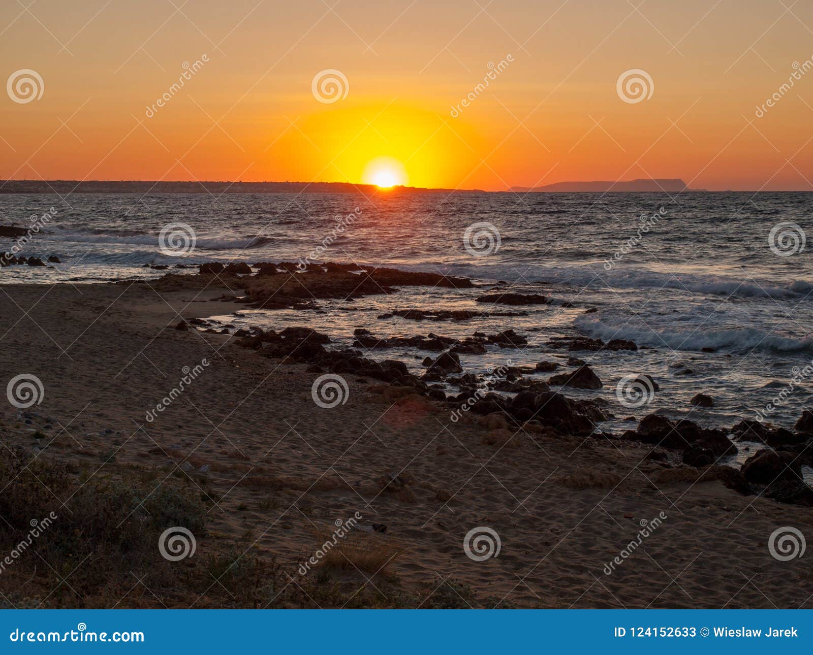 Sunset Over Malia on Crete Island in Greece. Stock Image - Image of ...