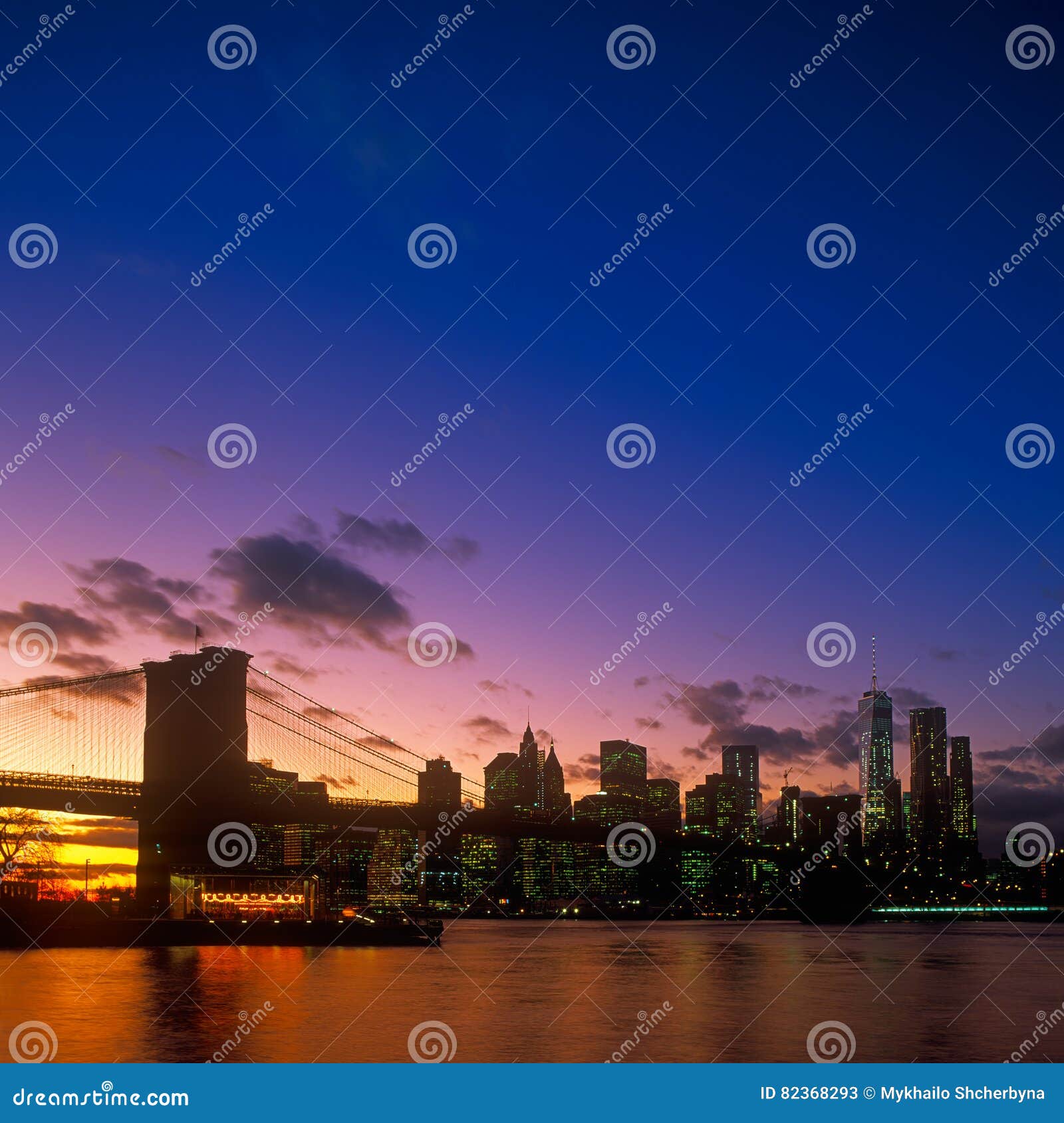Sunset over a Manhattan. stock image. Image of bridge - 82368293