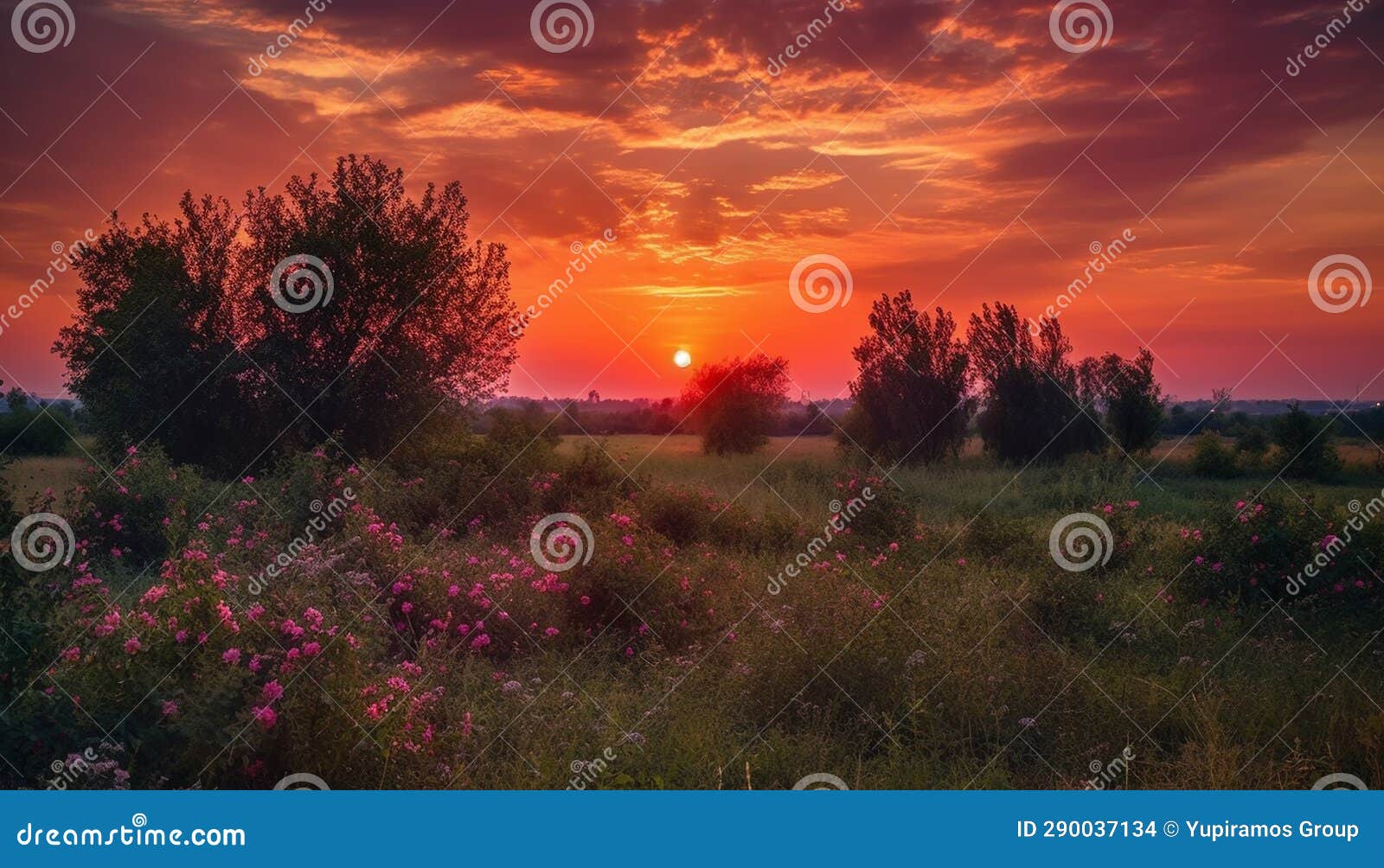 Sunset Over a Meadow, Nature Beauty in Vibrant Colors Generated by AI ...