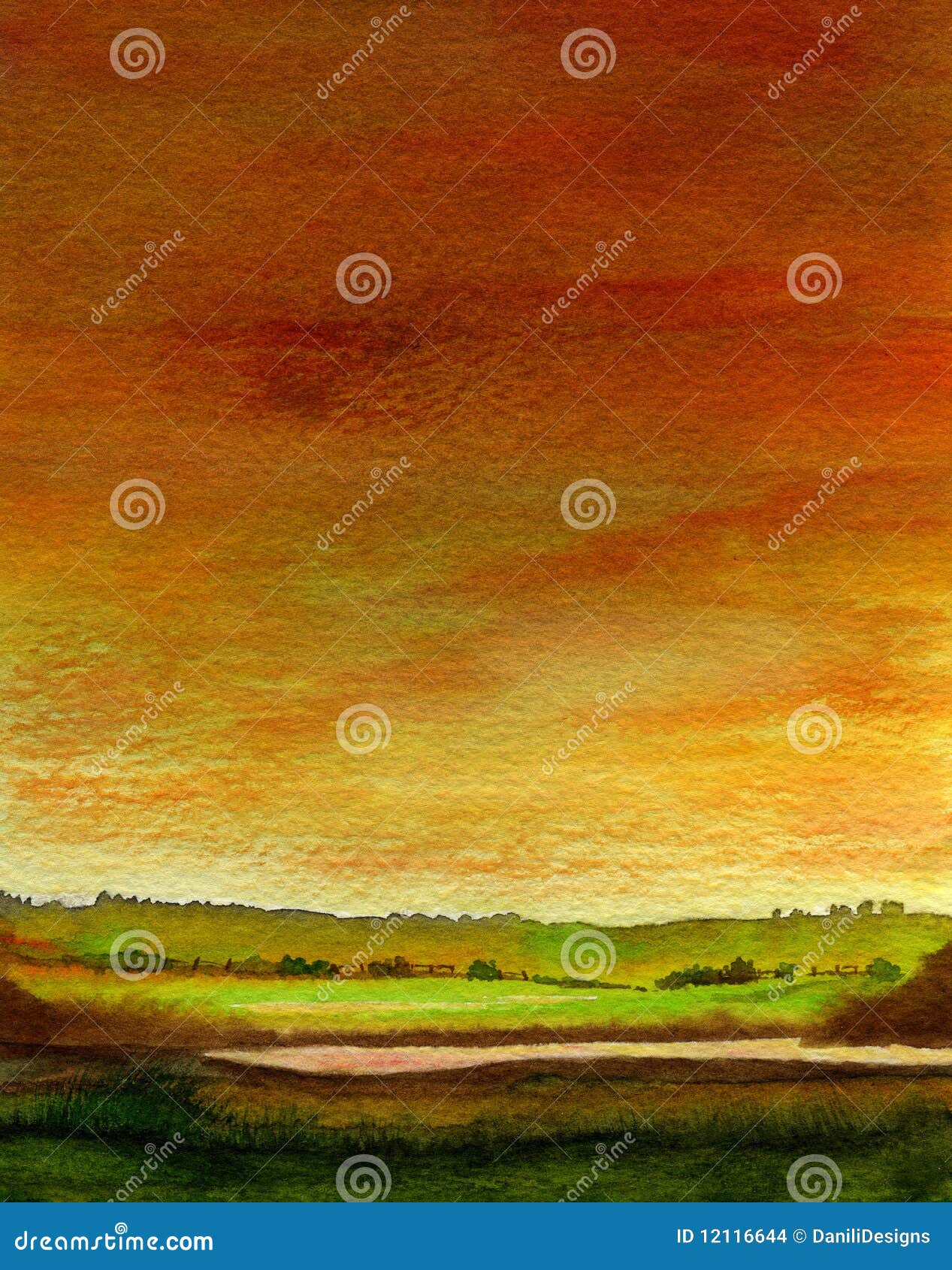 Sunset Over Meadows stock illustration. Illustration of watercolour ...