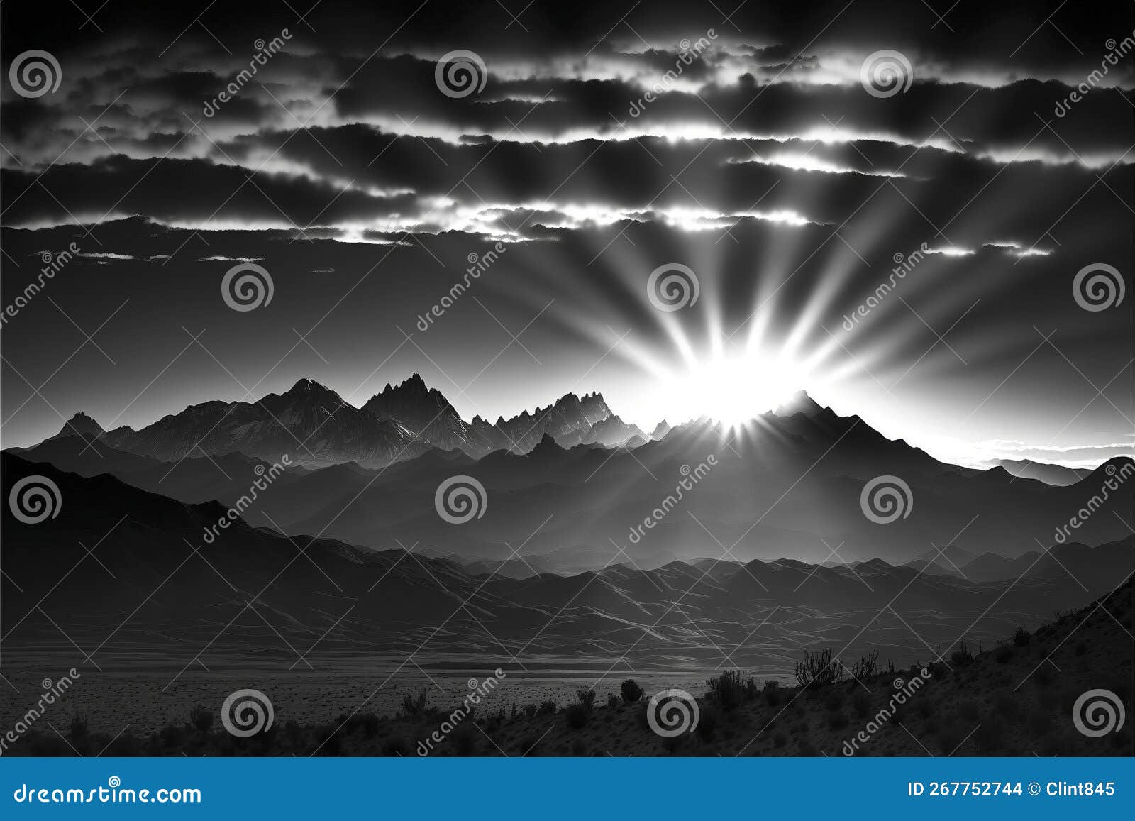 Black and White Sunset Over a Mountain Range Stock Illustration ...