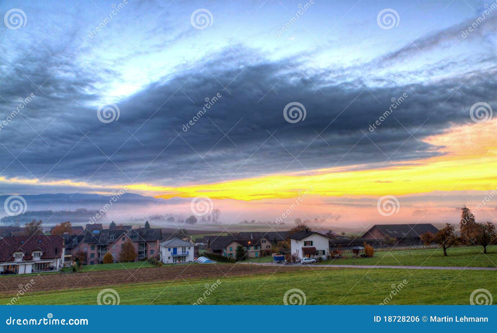 Sunset Over Mountain Village Stock Photo - Image of fall, house: 18728206