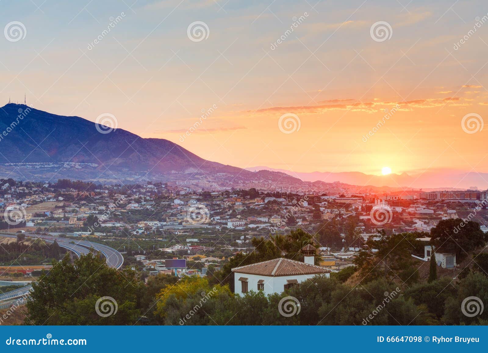 Sunset Over Mountains and Town Mijas, Spain Stock Photo - Image of dawn ...