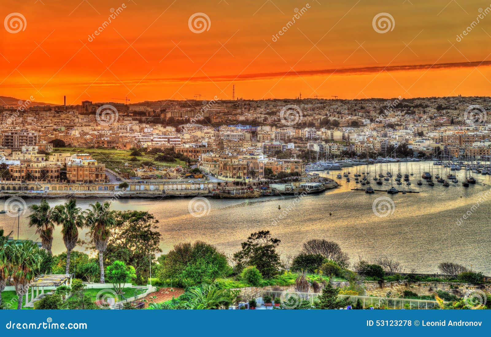 Sunset over Msida - Malta stock photo. Image of memorial - 53123278