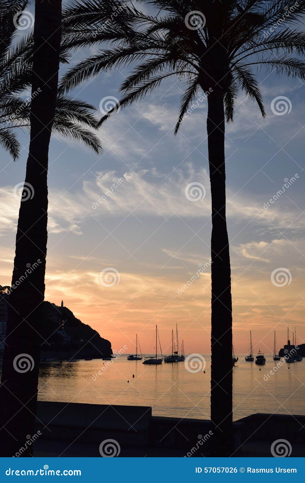 Sunset Over Natural Harbor of Port De Soller on Majorca Stock Photo ...