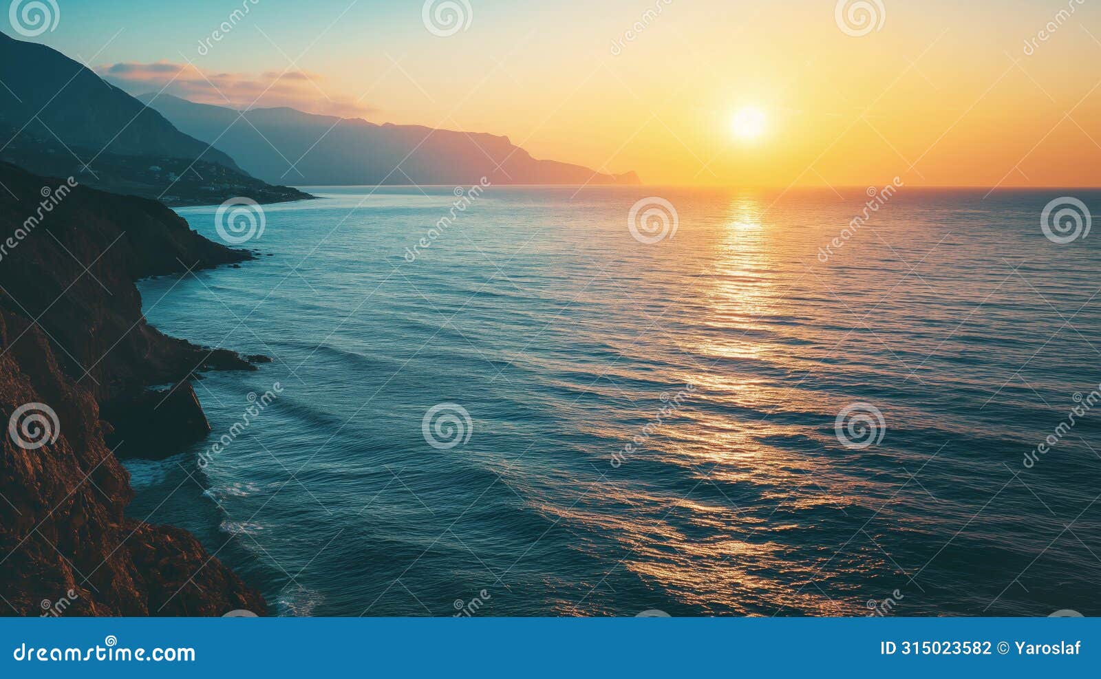 Sunset Over Ocean with Cliffside View, Warm Tones Highlight Tranquil ...