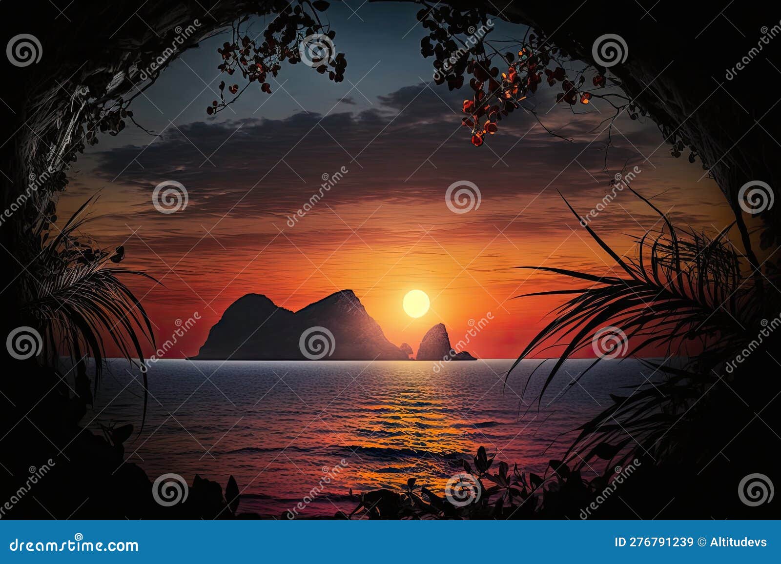 Sunset Over the Ocean, with a Distant View of Tropical Island Stock ...