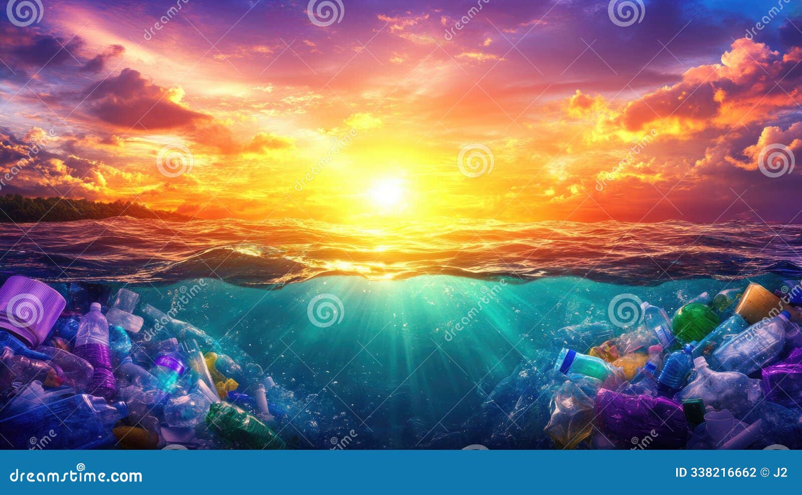 Sunset Over Ocean Pollution: a Dramatic Visual of Plastic Waste and ...