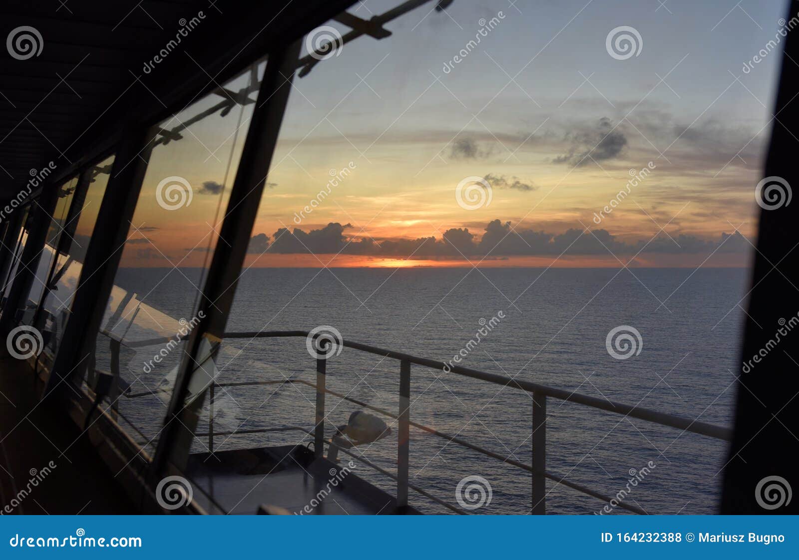 Cargo Ship - Sunset View from the Navigational Bridge. Stock Photo ...