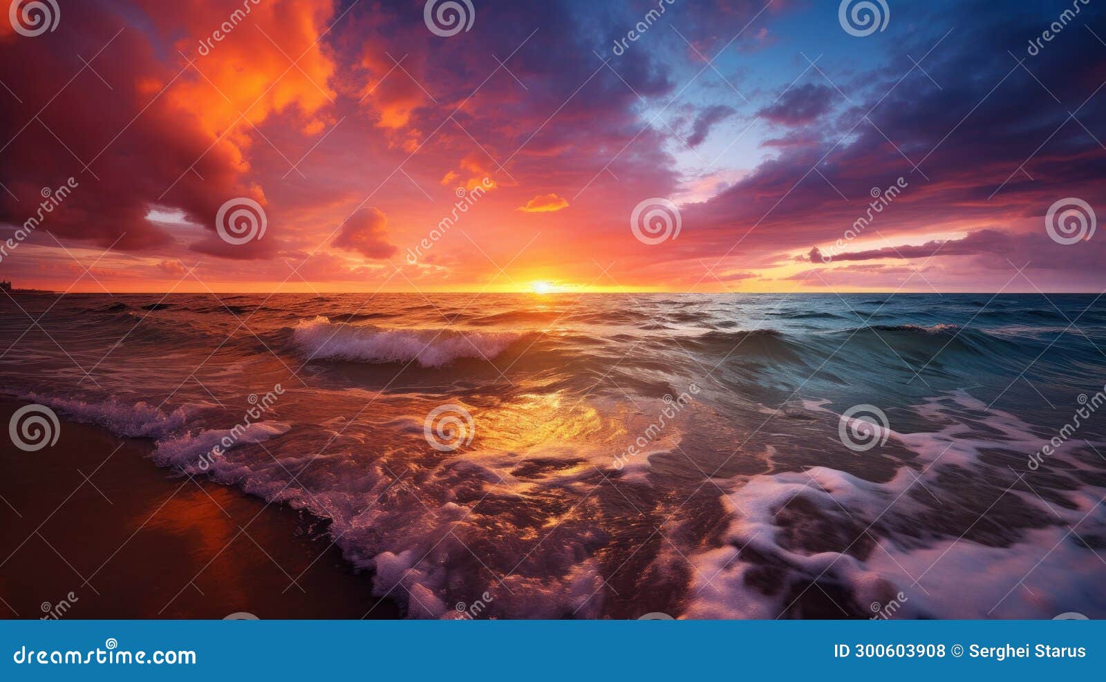 A Sunset Over the Ocean with Waves Crashing on Shore, AI Stock Photo ...