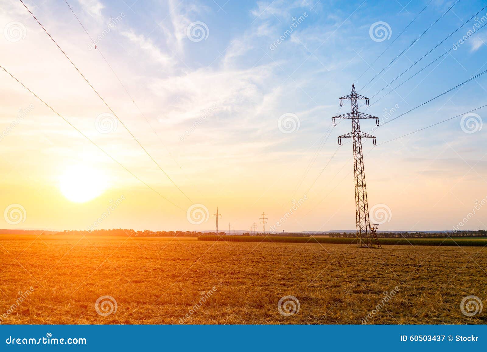 Sunset over the powerlines stock image. Image of grid - 60503437