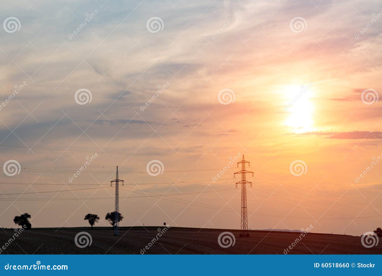 Sunset over the powerlines stock photo. Image of high - 60518660