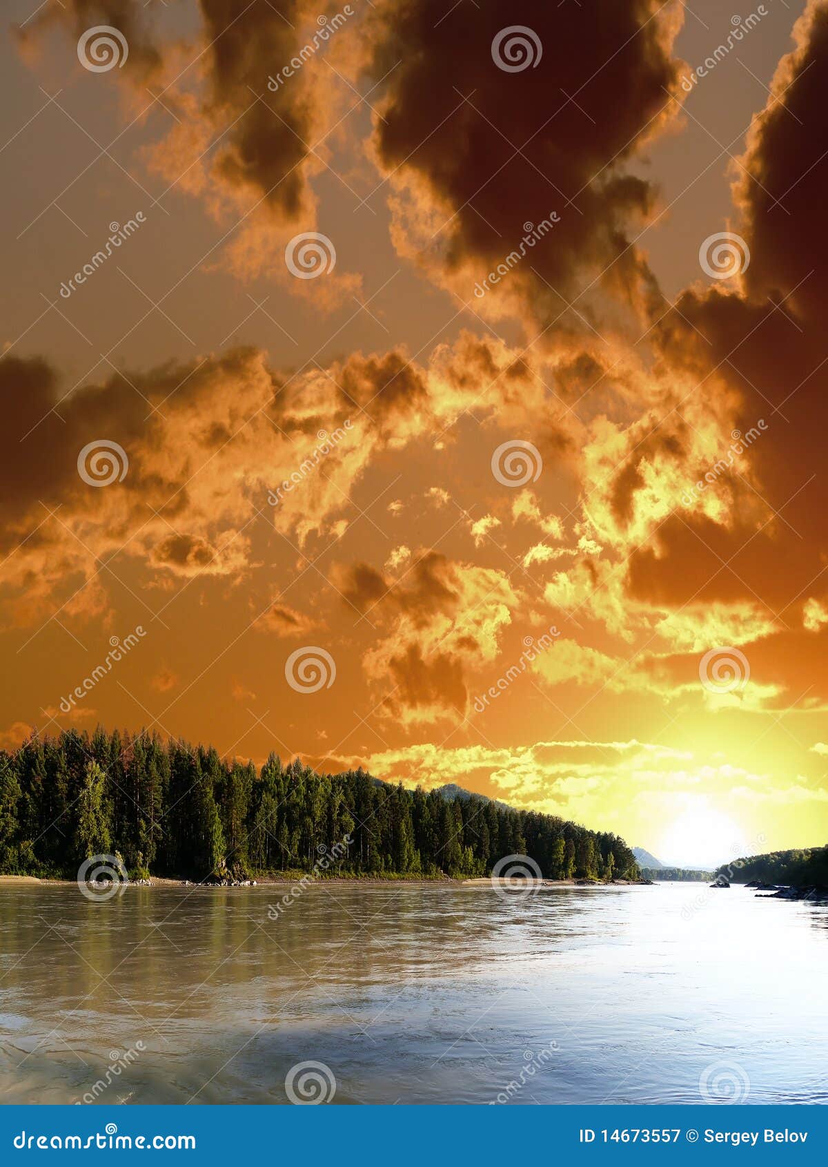 Sunset over the river. stock image. Image of clouds, forest - 14673557