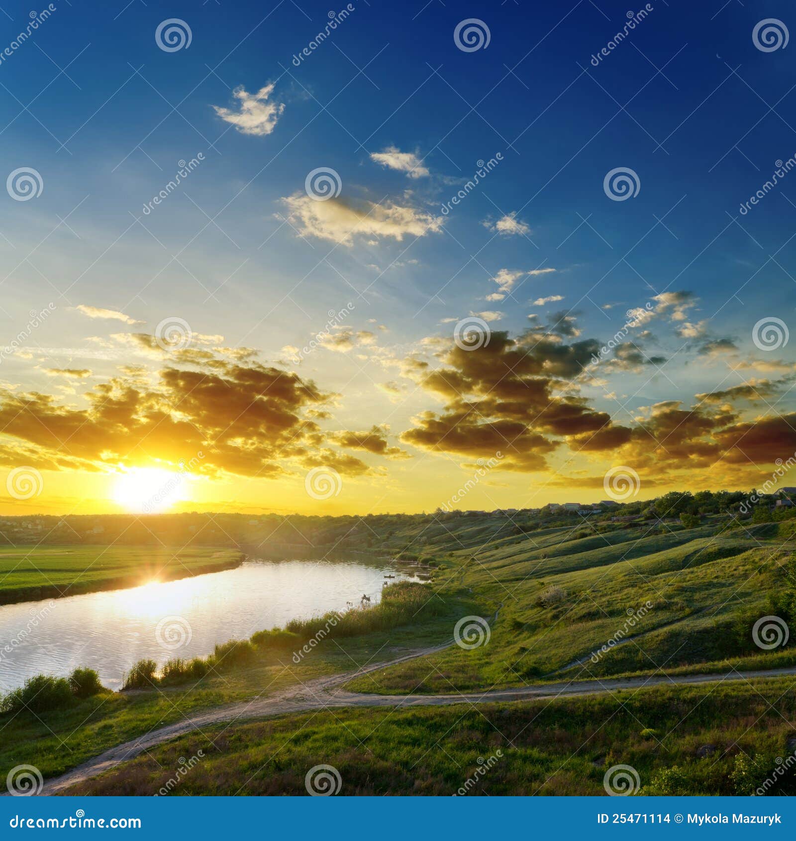 Sunset over river stock photo. Image of dawn, orange - 25471114