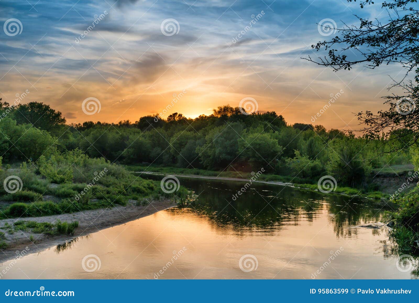 Sunset over river stock image. Image of forest, natural - 95863599