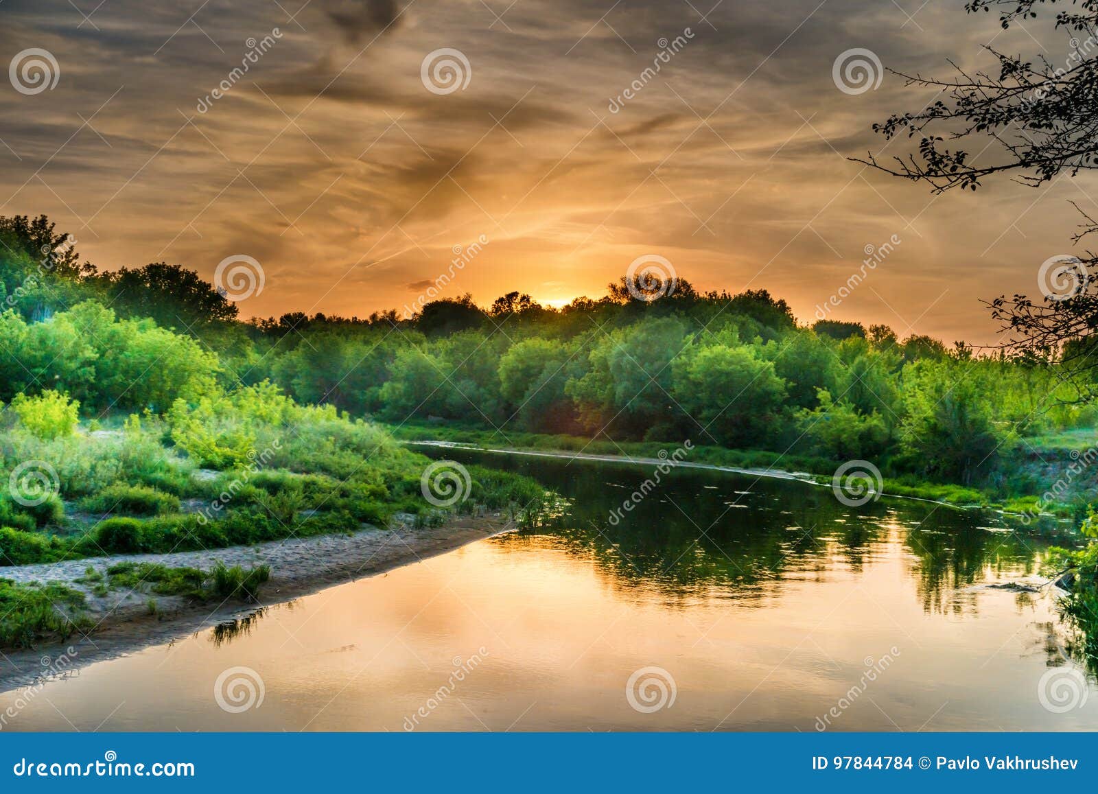 Sunset over river stock photo. Image of forest, nature - 97844784