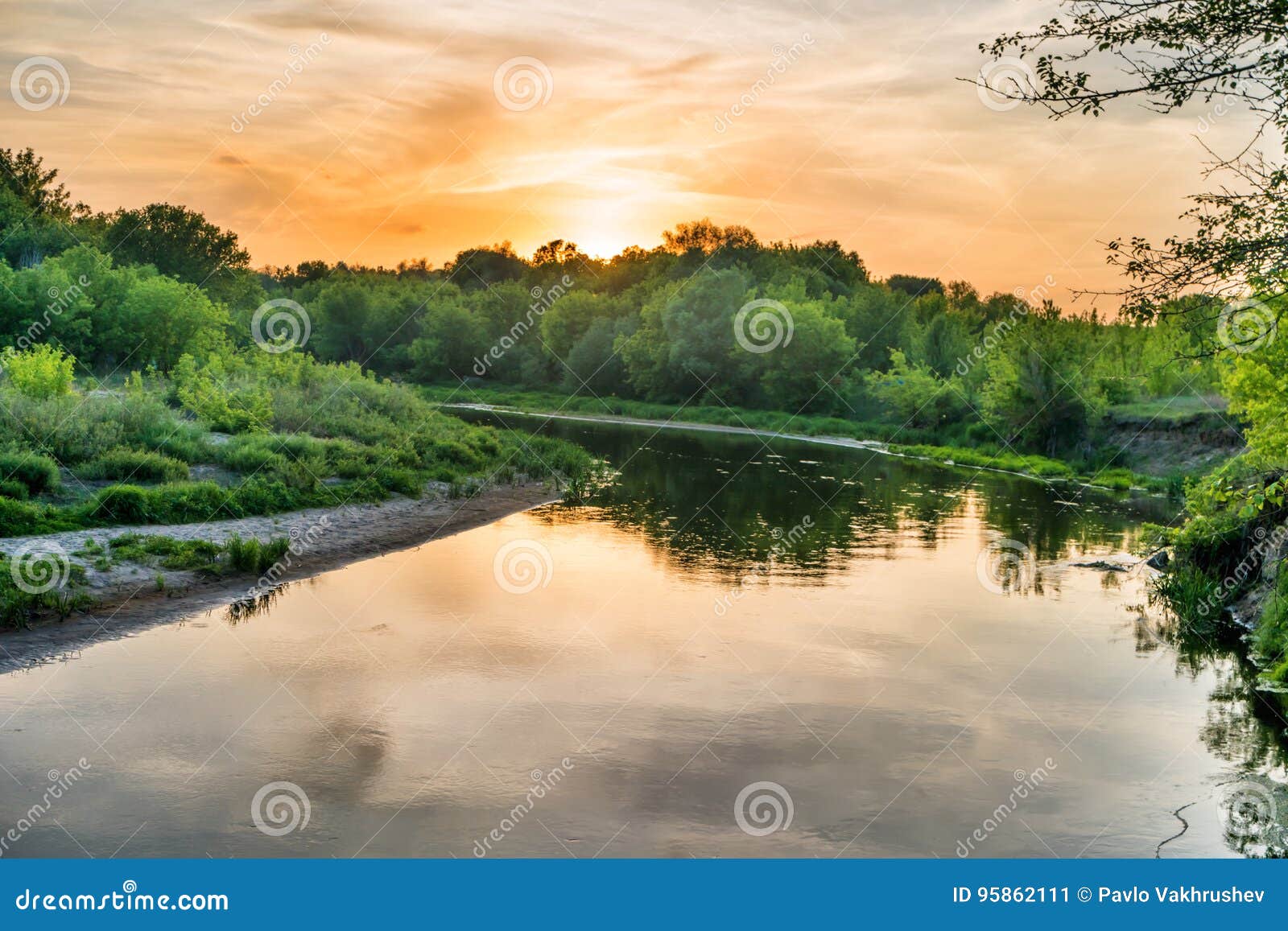 Sunset over river stock image. Image of spring, dawn - 95862111