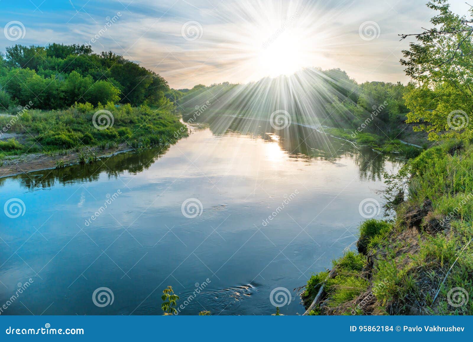 Sunset over river stock photo. Image of reflection, silhouette - 95862184