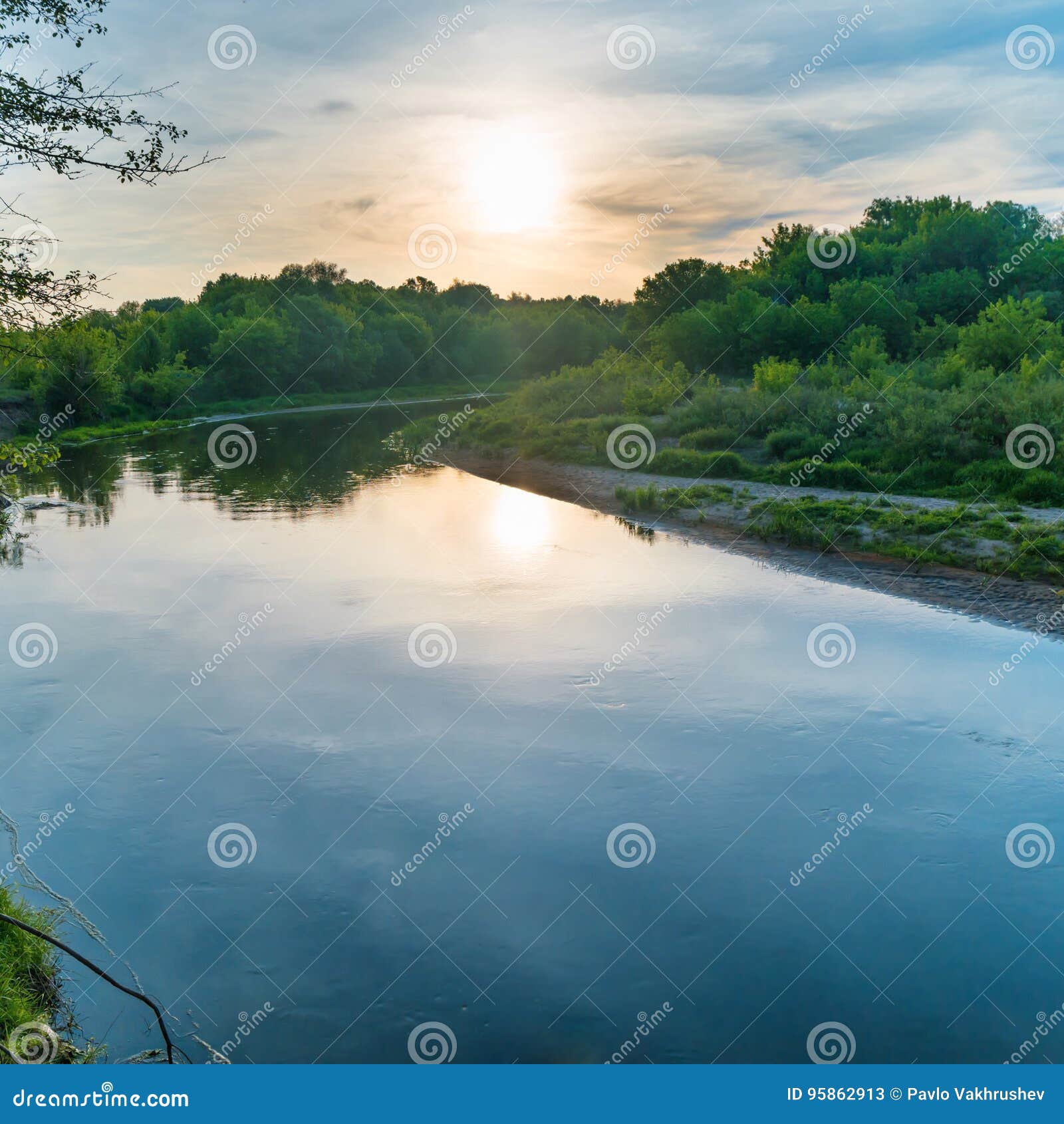 Sunset over river stock image. Image of lake, nature - 95862913