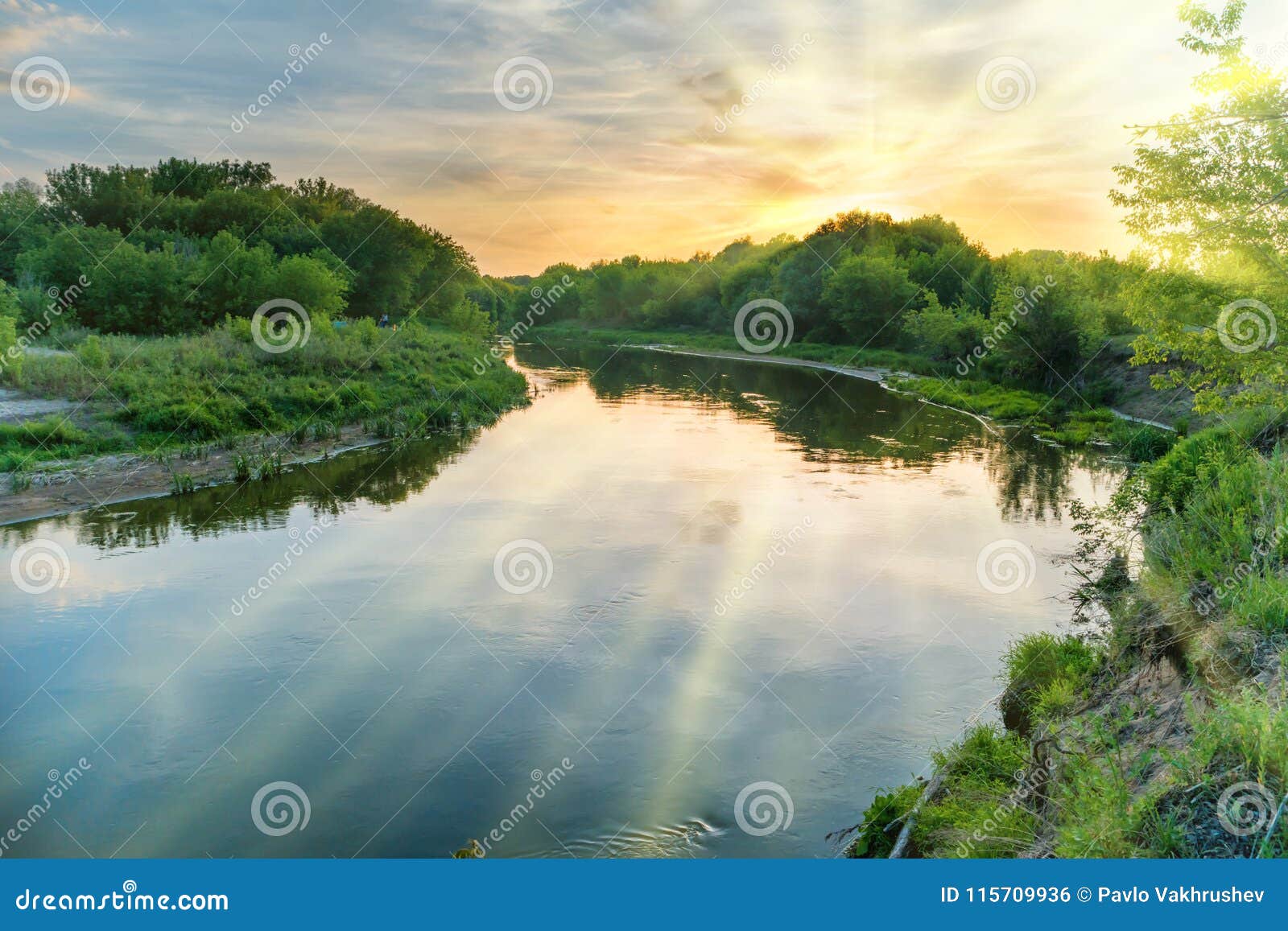 Sunset over river stock photo. Image of green, landscape - 115709936