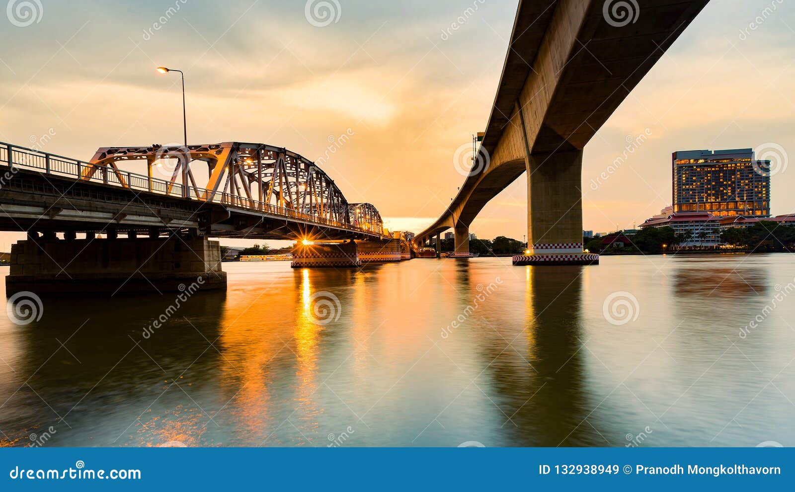 Sunset Over River Under Bridge Stock Image - Image of grey, bottom ...