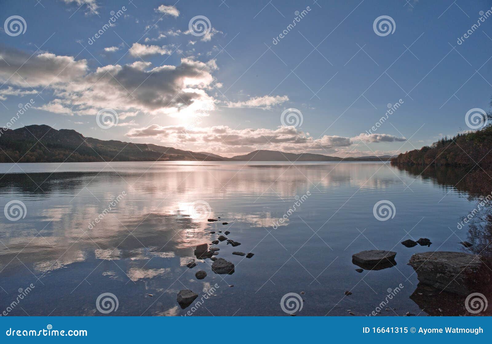 Sunset over Scottish Loch. stock image. Image of scenic - 16641315