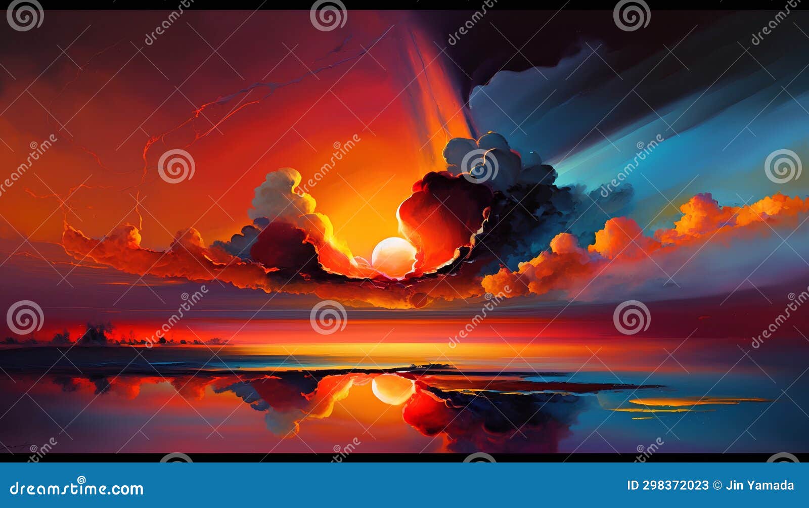Sunset Over the Sea with Clouds and Reflection in Water, Illustration ...